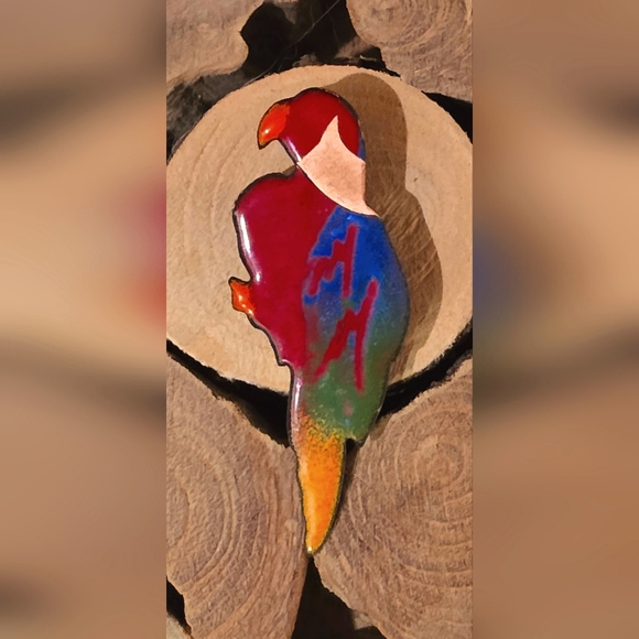 Jewelry | Artisan Green Enamel On Copper Parrot Macaw Bird Shaped Metal ...